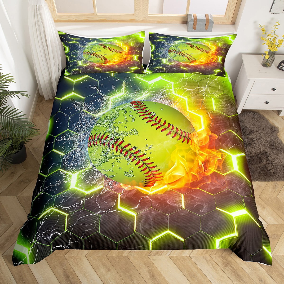 YST Softball Comforter Cover Softball Gifts For Girls, Neon Honeycomb ...