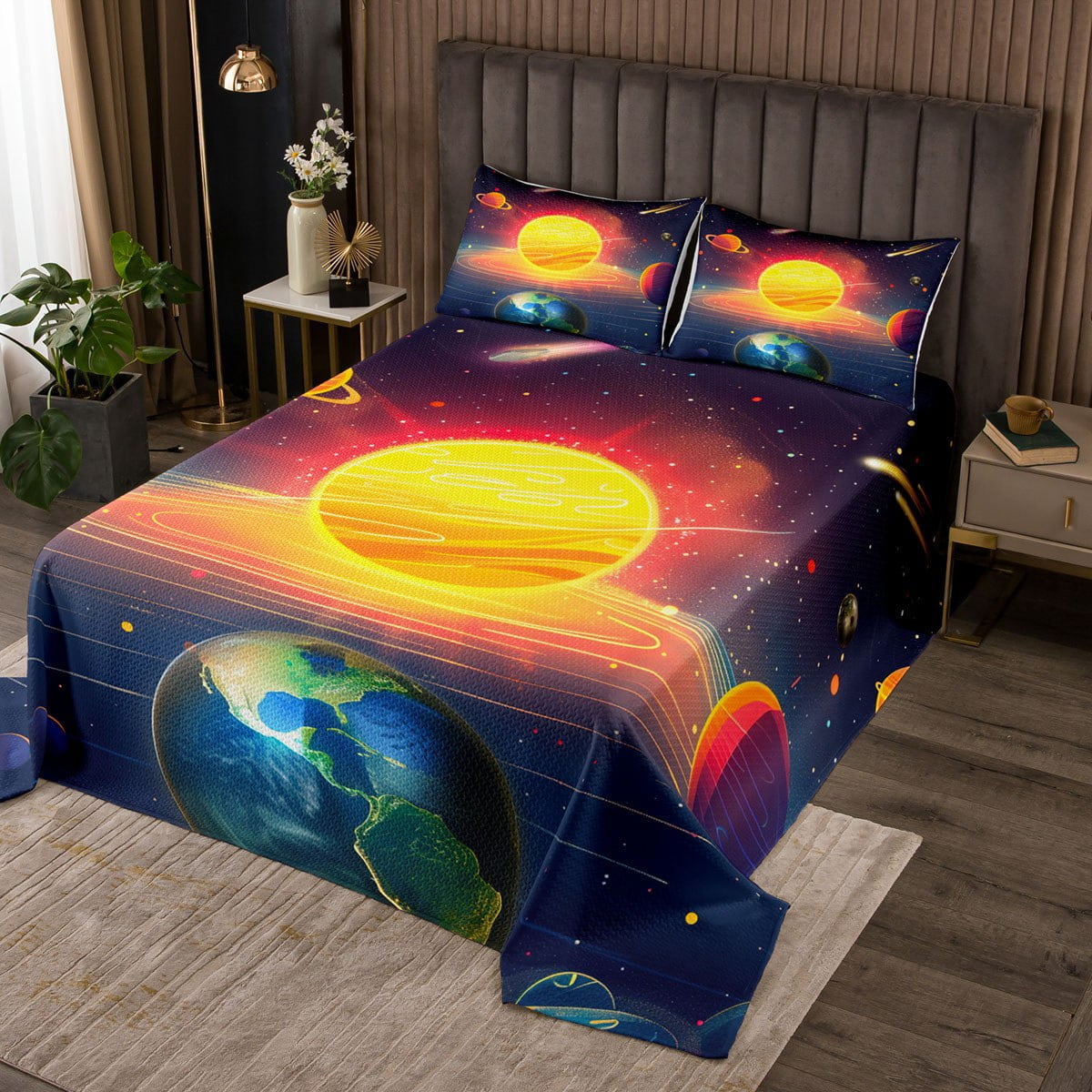 Solar System Coverlet King Size Boho Sun Bedding Set,Blue Earth Planet ...