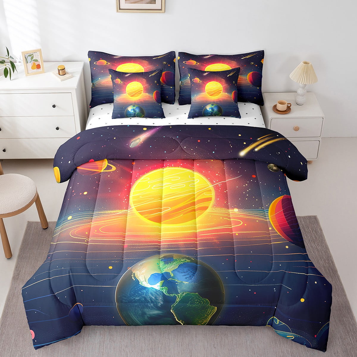YST Solar System Full Bedding Sets 7-Piece Boho Sun Comforter Set,Blue ...