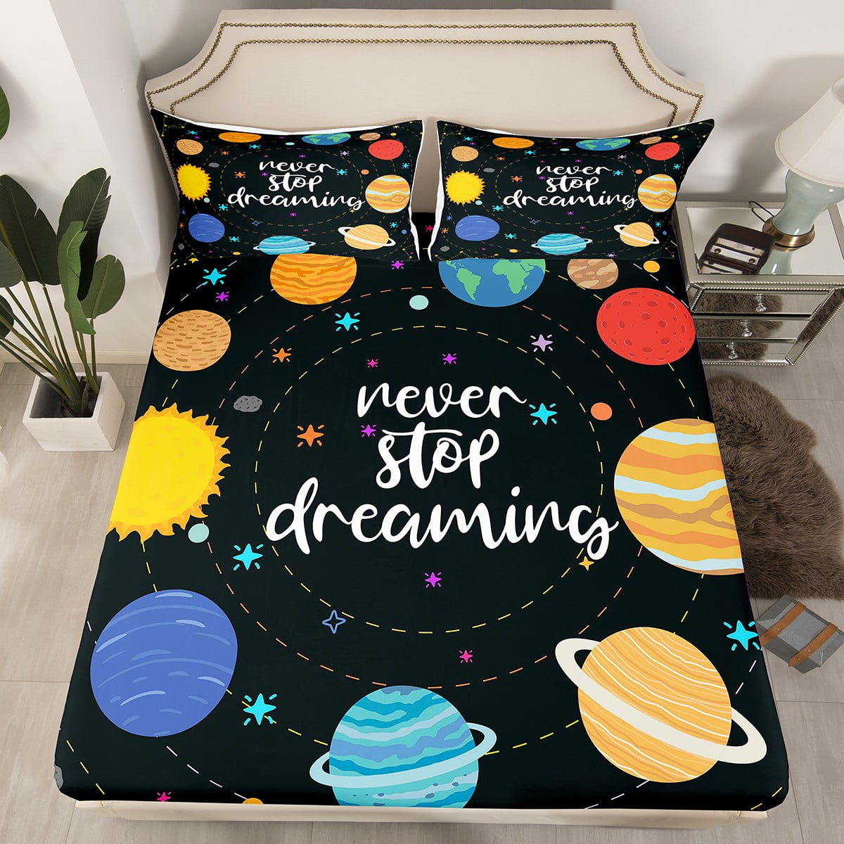 YST Solar System Full Fitted Sheet for Boys Kids Outer Space Bed Sheets ...
