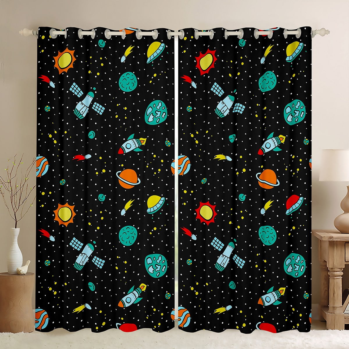 YST Space Curtains Cartoon Space Rocket Blackout Curtains Universe ...