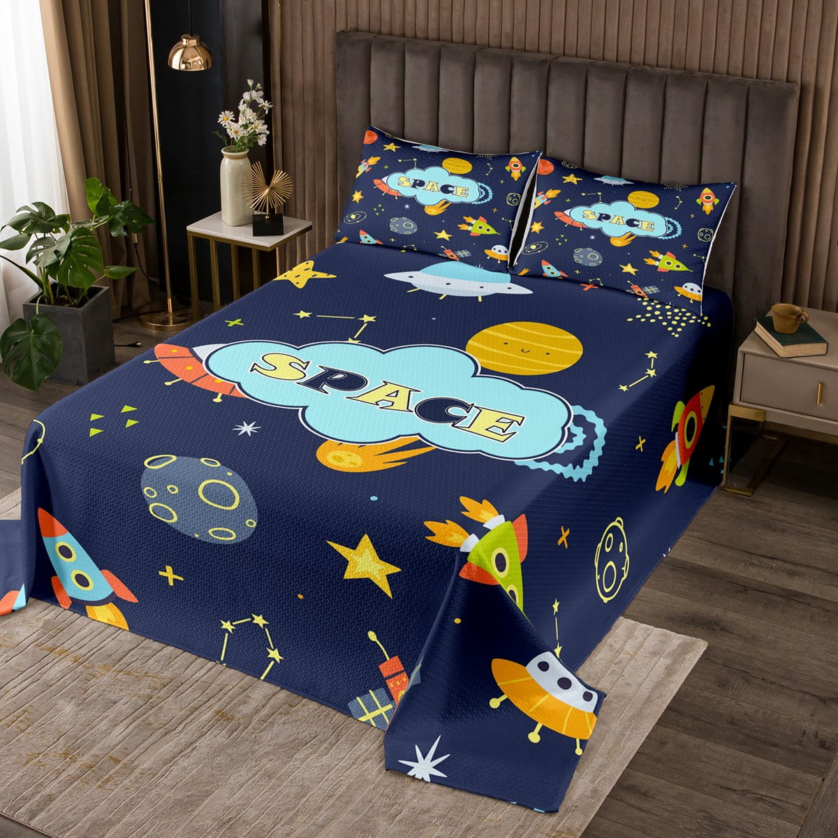 YST Space Queen Bedspread for Boys Girls Cartoon Rocket Ship Quilt Set ...