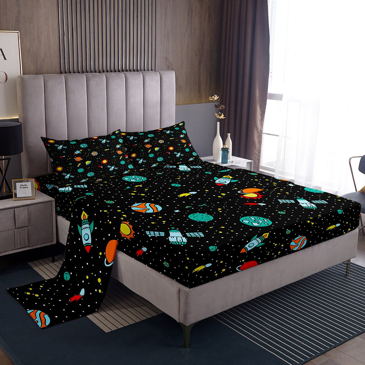 Erosebridal Space Sheet Set Cartoon Space Rocket Sheets Universe Planet ...