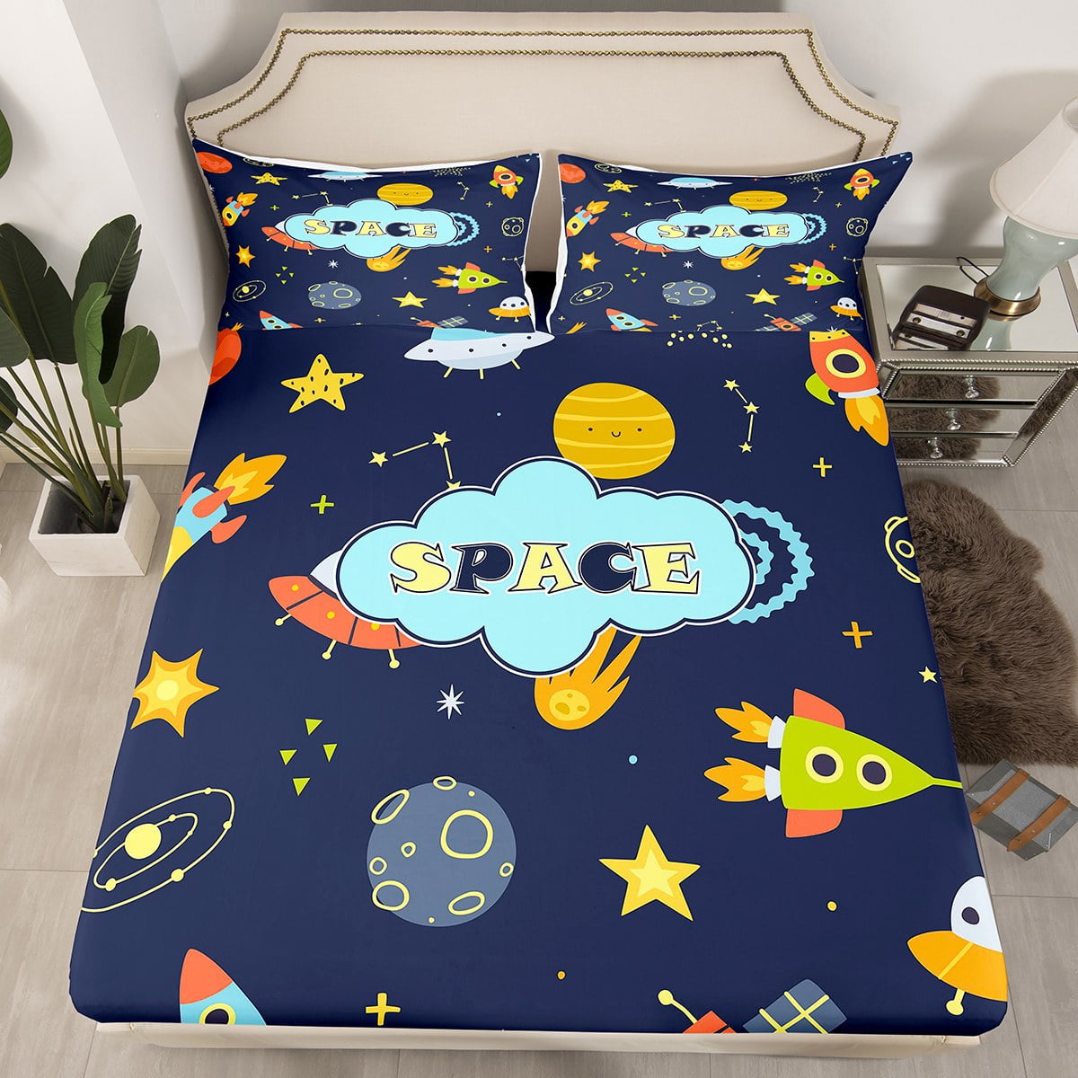 Space Twin Bed Sheets Cartoon Rocket Ship Fitted Sheet Universe Themed ...