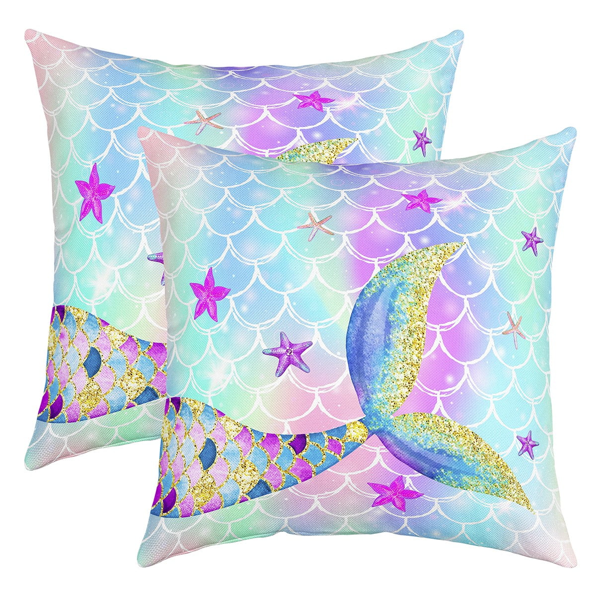 YST Sparkling Fish Scales Pillow Covers 22x22 inch set of 2,Girly Colorful Mermaid Cushion Cases ...