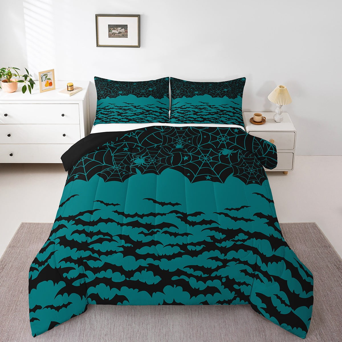 Spider Web Comforter Set,Gothic Halloween Decorations Bedding Set,Navy ...