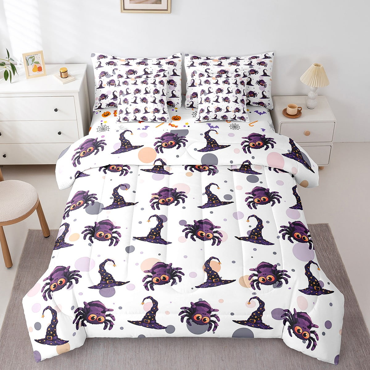 Spiders Bedding King Size 7pcs Bed in a Bag, Cartoon Witch Hat Printed ...