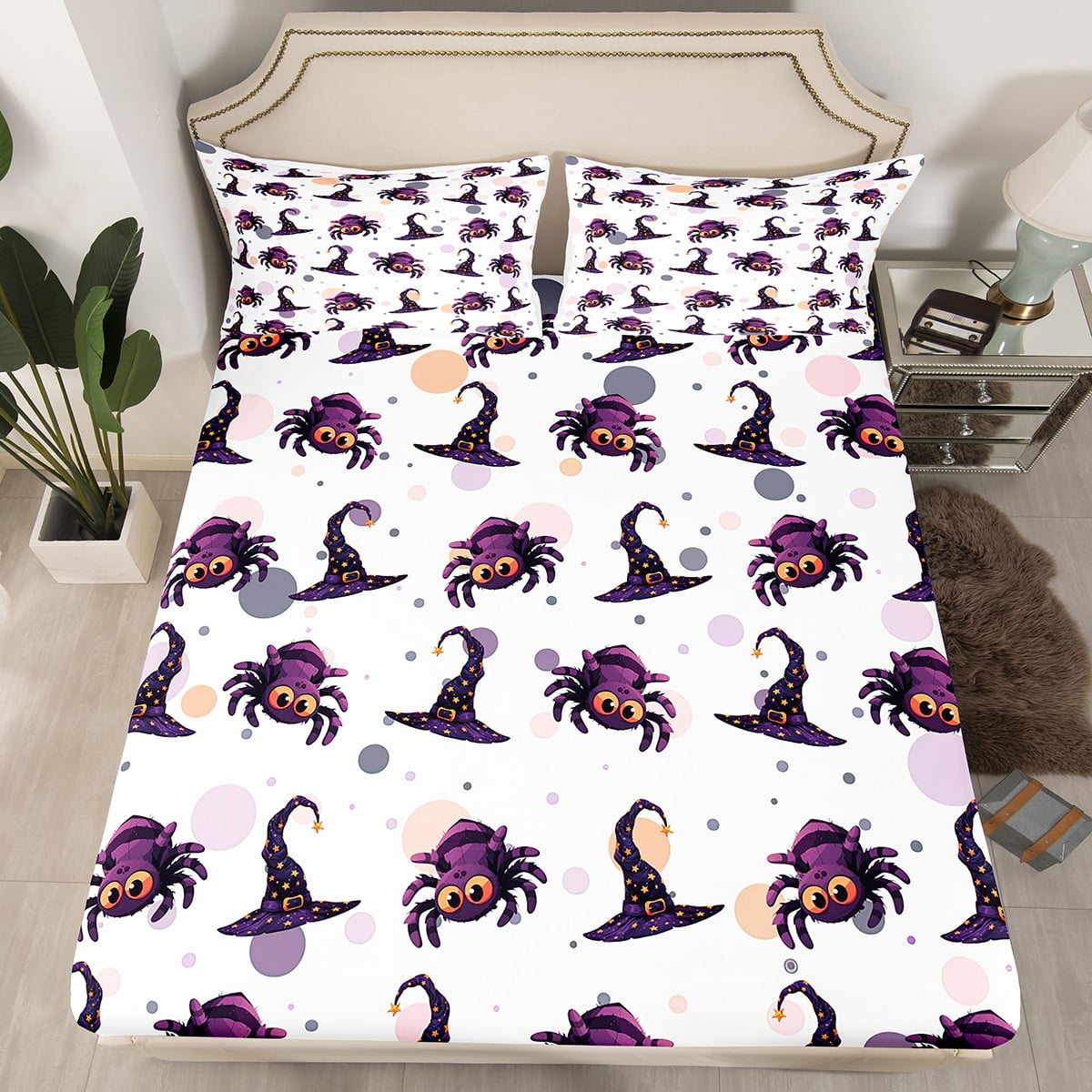 YST Spiders Fitted Sheet Queen Size, Cartoon Witch Hat Printed Cozy Bed ...