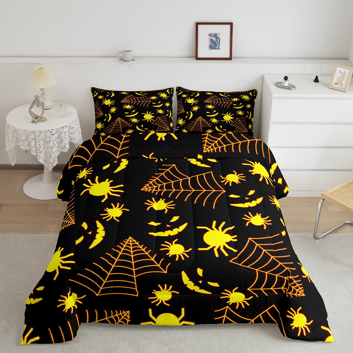 YST Spooky Pumpkin Lantern Bedding Set Queen Gold Neon Halloween Decor ...