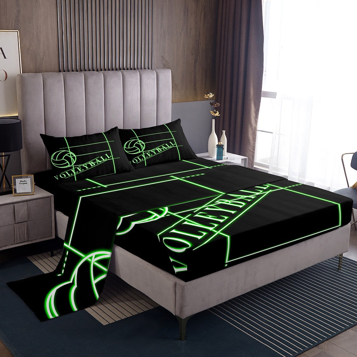 YST Sport Bed Set Volleyball Bed Sheets Set for Boys, Black Green Sheet ...
