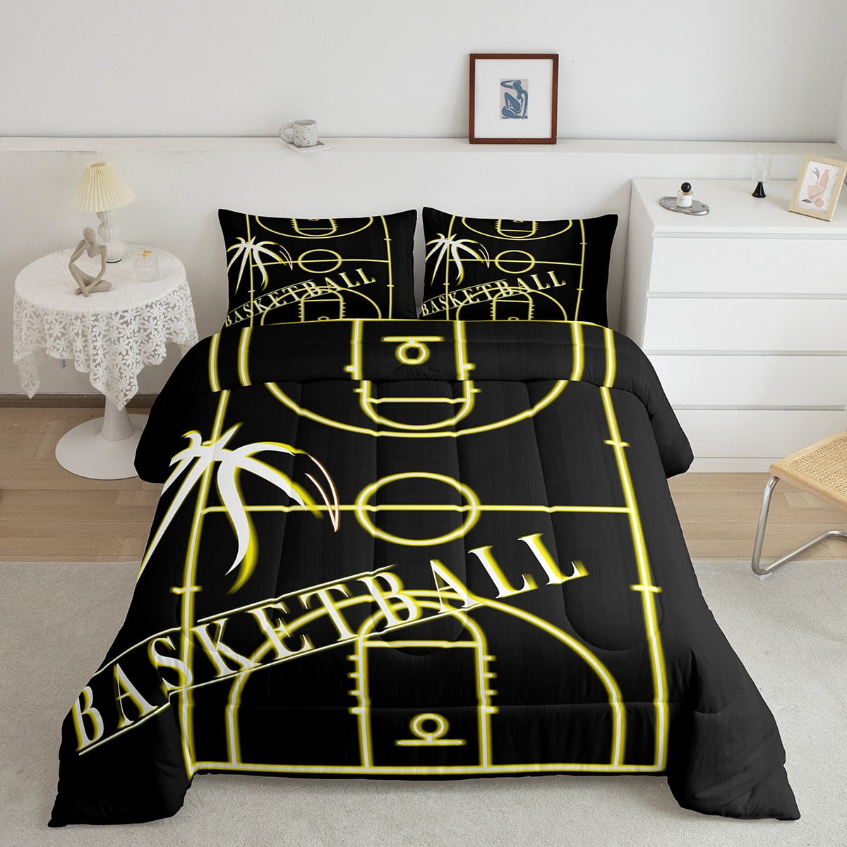 YST Sport Bedding Queen Basketball Comforter for Boys, Black Yellow Duvet Insert Gold Gradient ...