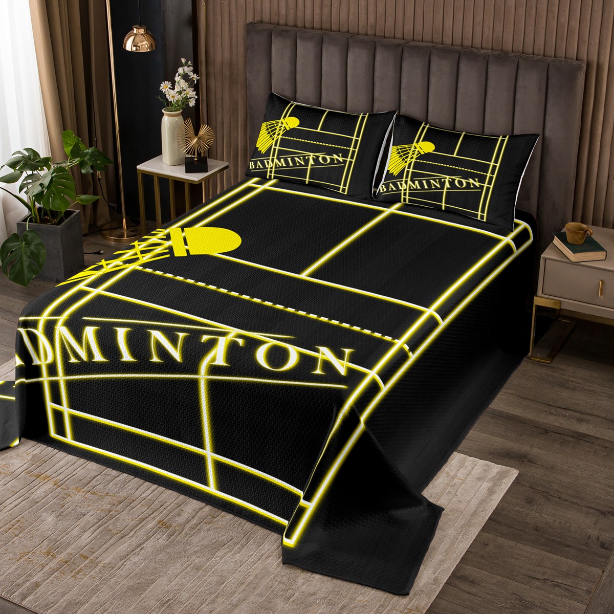 Sport Bedspread King Size Badminton Quilt Set , Black Yellow Coverlet ...