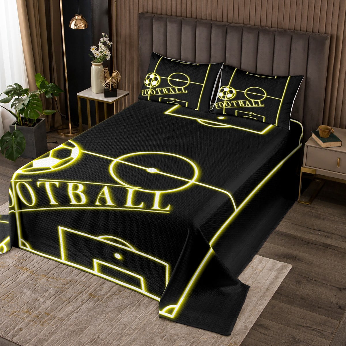 Sport Bedspread Queen Size Soccer Quilt Set , Black Yellow Coverlet Set ...