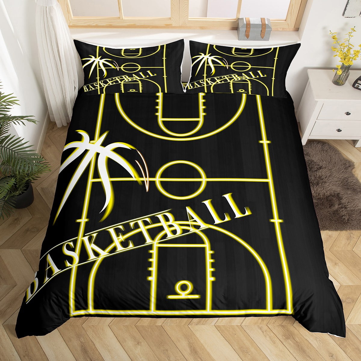 Sport Comforter Cover Basketball Bed Set , Black Yellow Duvet Cover ...