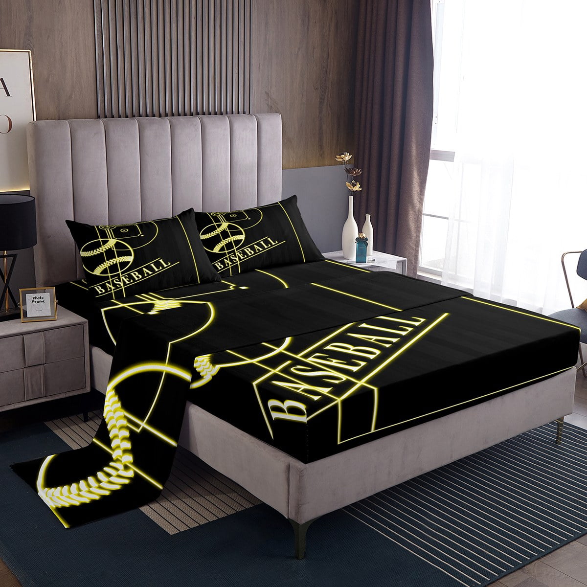 YST Sport King Sheets Baseball Bed Set for Boys, Black Yellow Bed ...