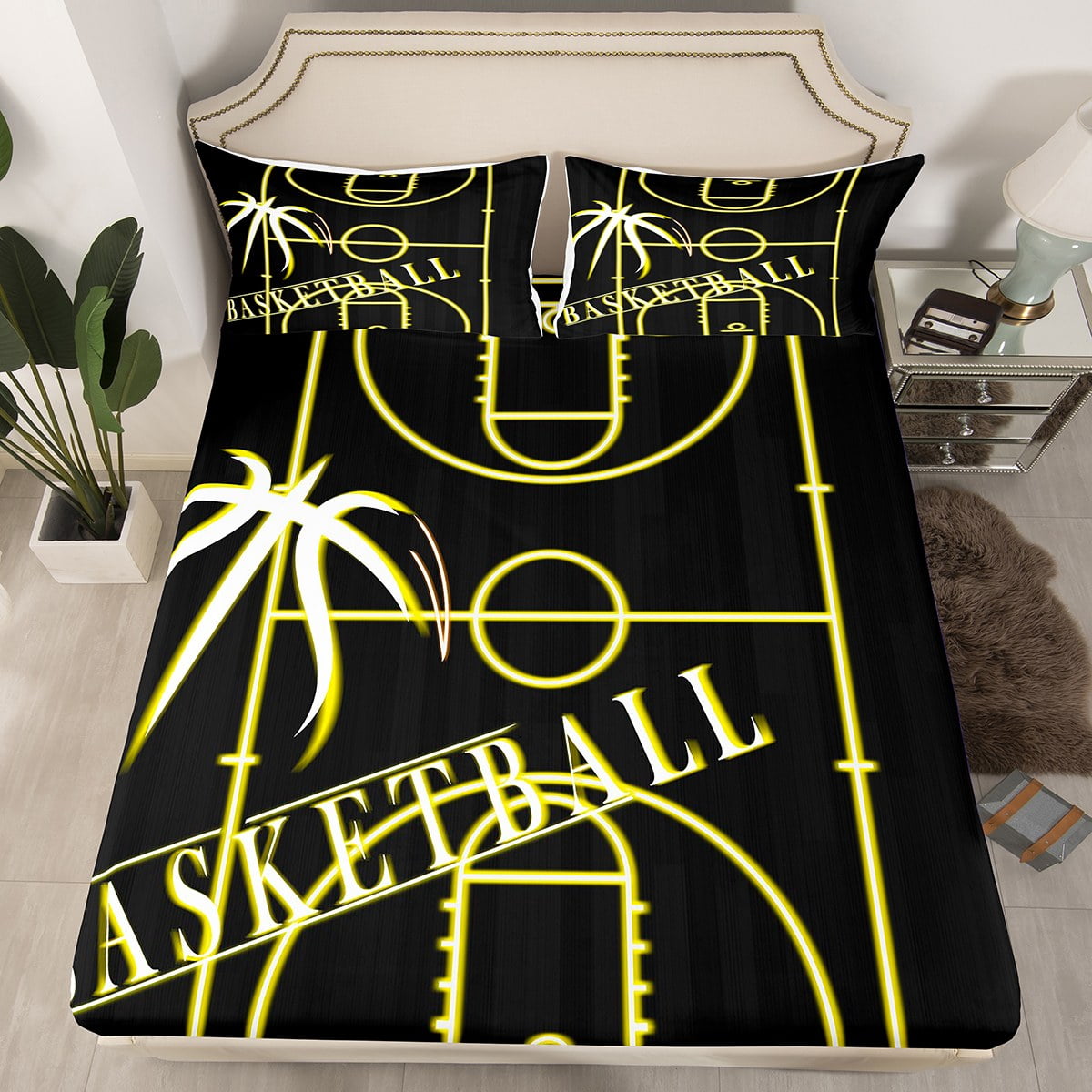 Sport Queen Fitted Sheet Basketball Sheets , Black Yellow Bed Sheets Gold Gradient Neon Bed ...