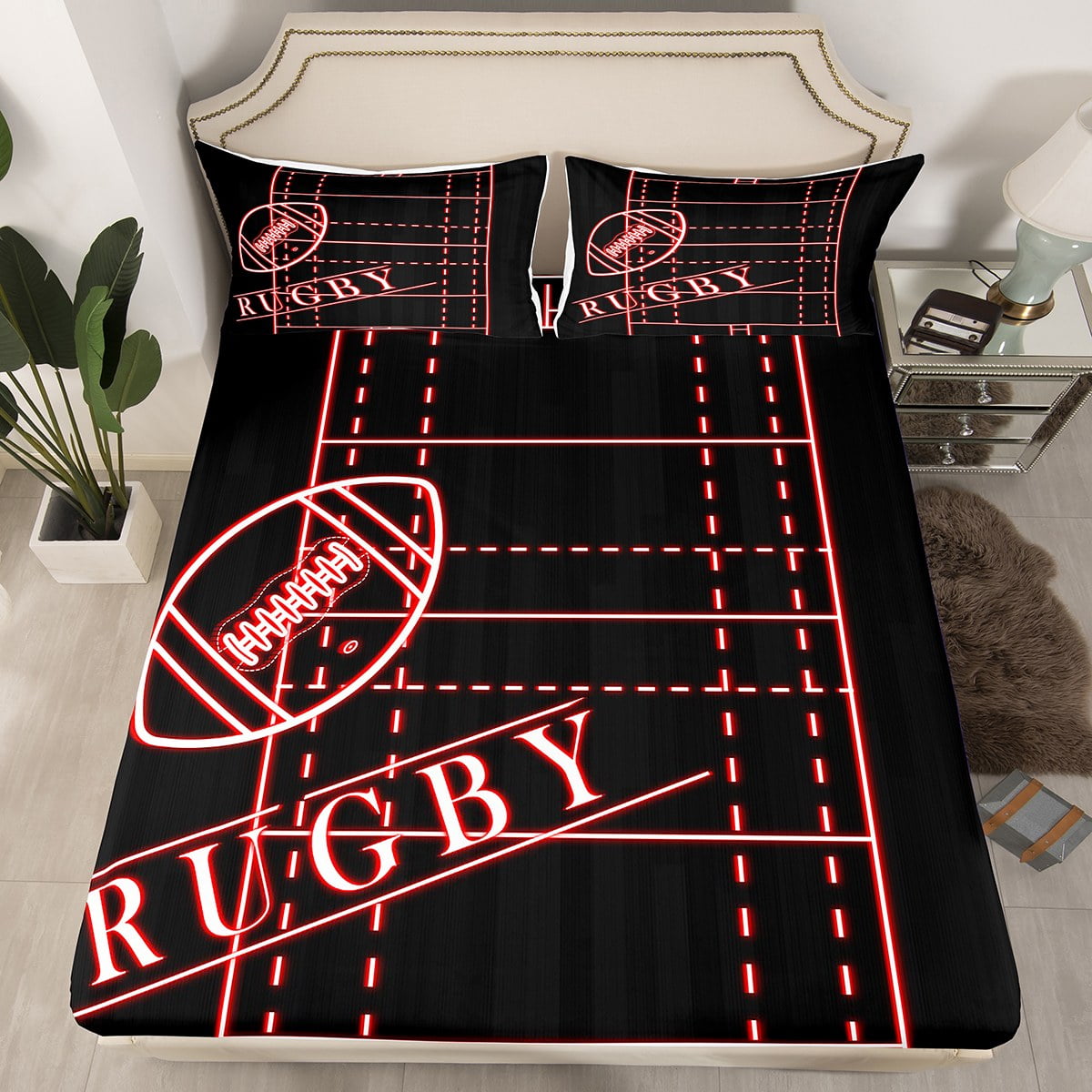 YST Sports Bed Sheets Football Fitted Sheet Twin Size for Boys, Neon Glowing Red Sheets Sport ...