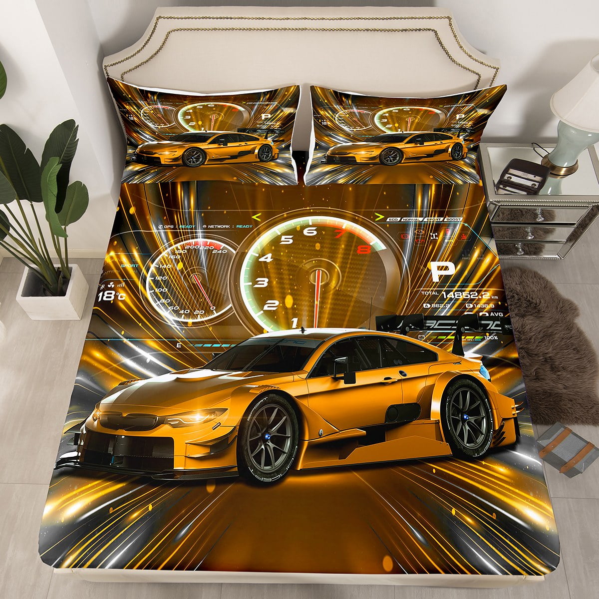 Erosebridal Sports Car Bed Sheets Gold Race Car Fitted Sheet Extreme ...