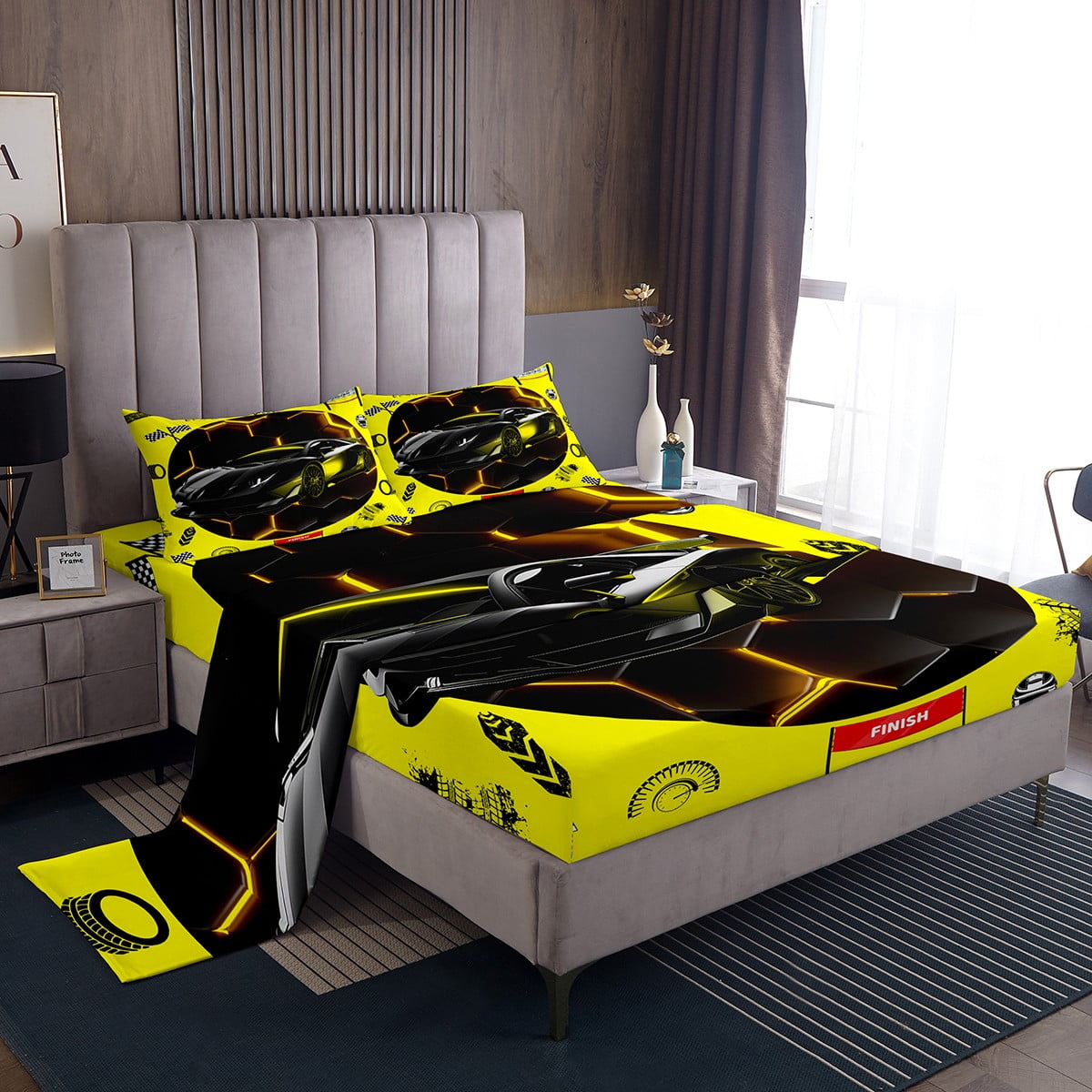 YST Sports Car Boys Bed Sheets Full Yellow Black Geometric Neon ...