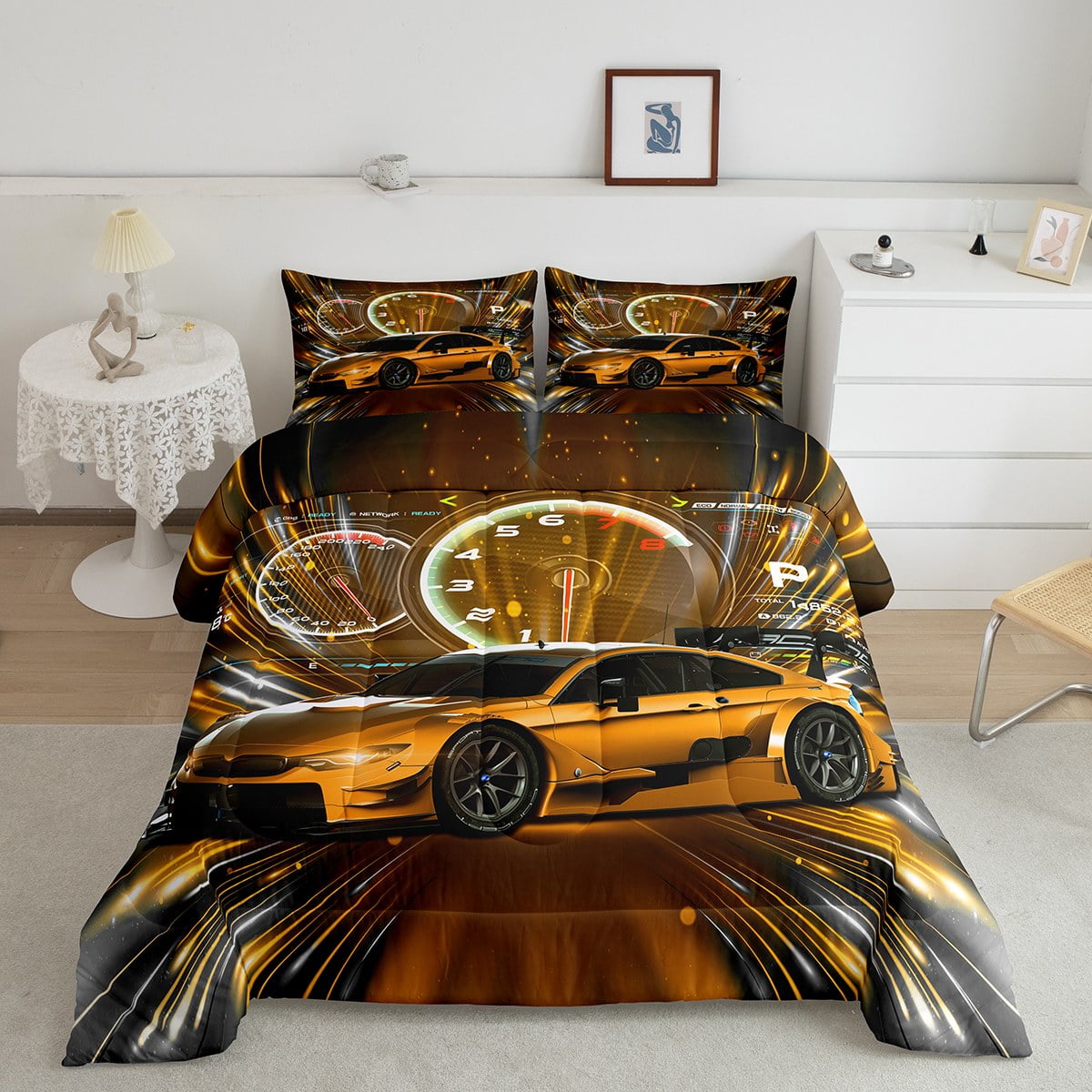 YST Sports Car Comforter Gold Race Car Comforter Set for Kids Boys ...