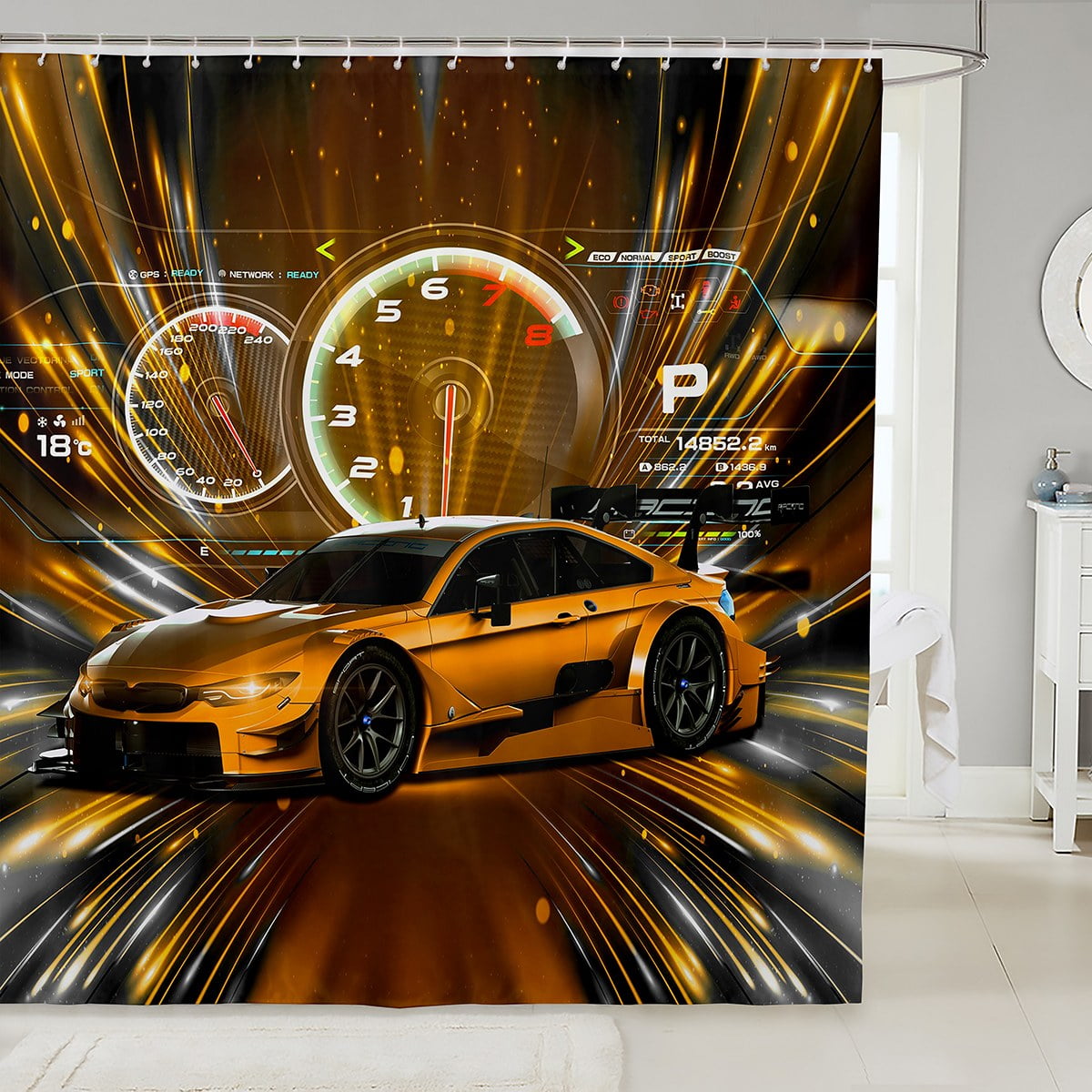YST Sports Car Fabric Shower Curtain Gold Race Car Shower Curtain For ...