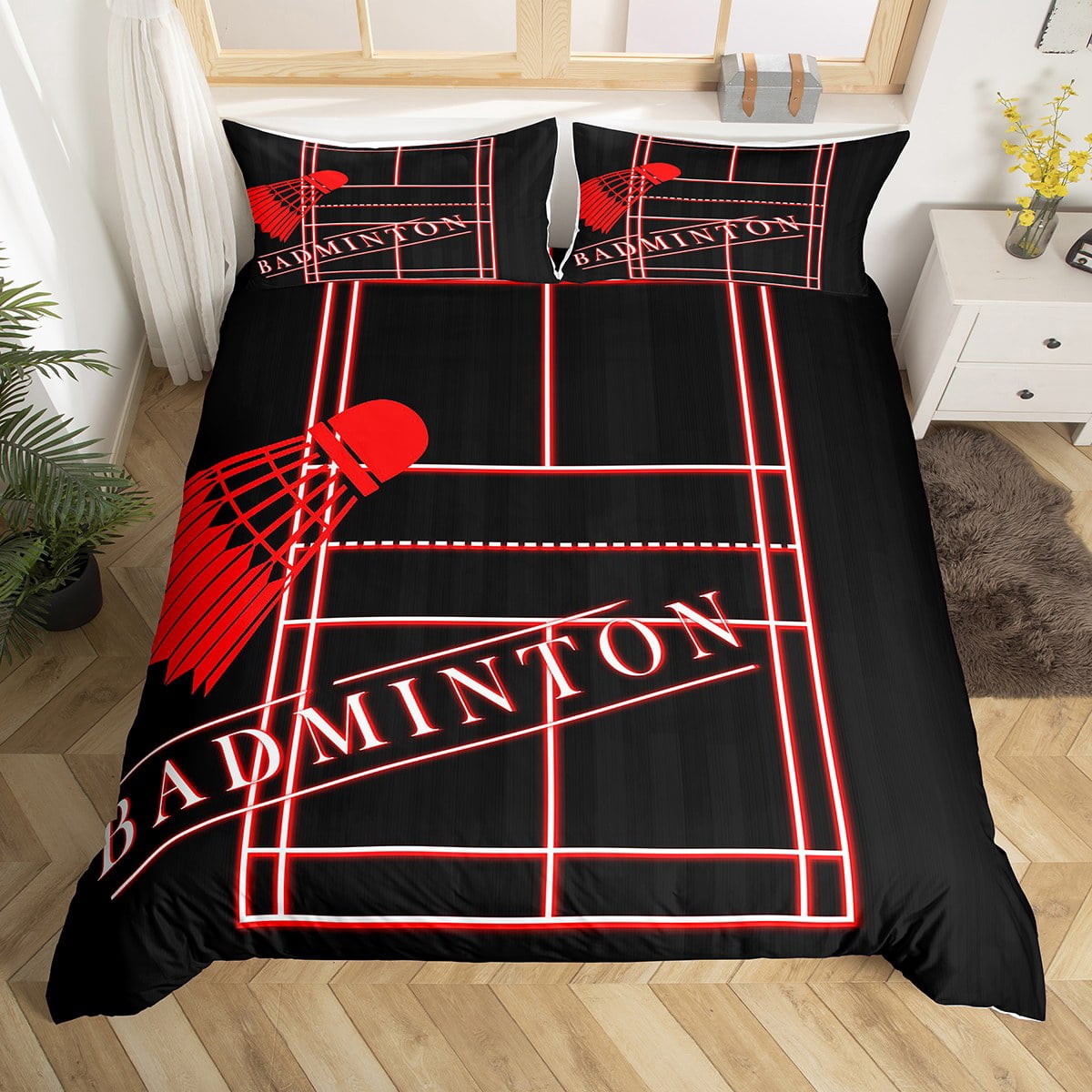 YST Sports Comforter Cover Badminton Bed Set, Neon Glowing Red Duvet ...