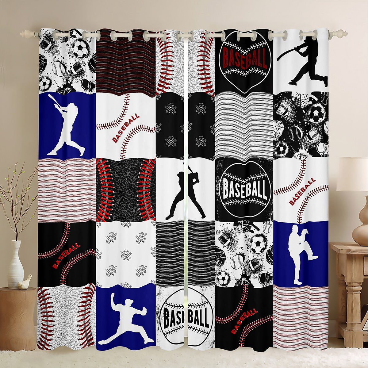 Sports Curtains ,Red Blue Baseball 30%-50% Blackout Curtains 42x90 inch ...