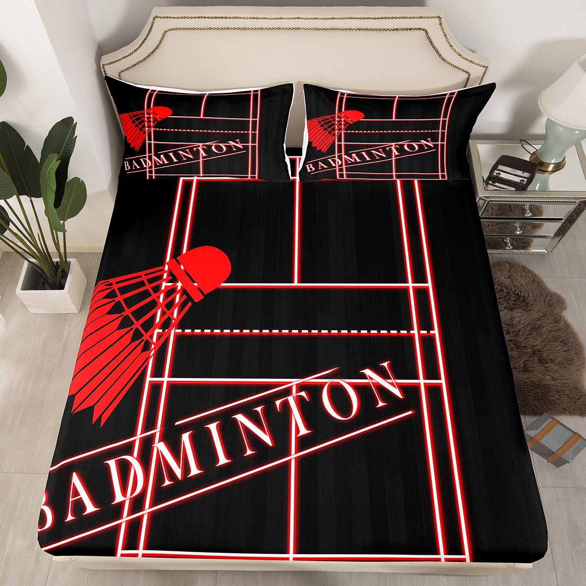 YST Sports Queen Fitted Sheet Badminton Sheets, Neon Glowing Red Bed Sheets Sport Theme Bed ...