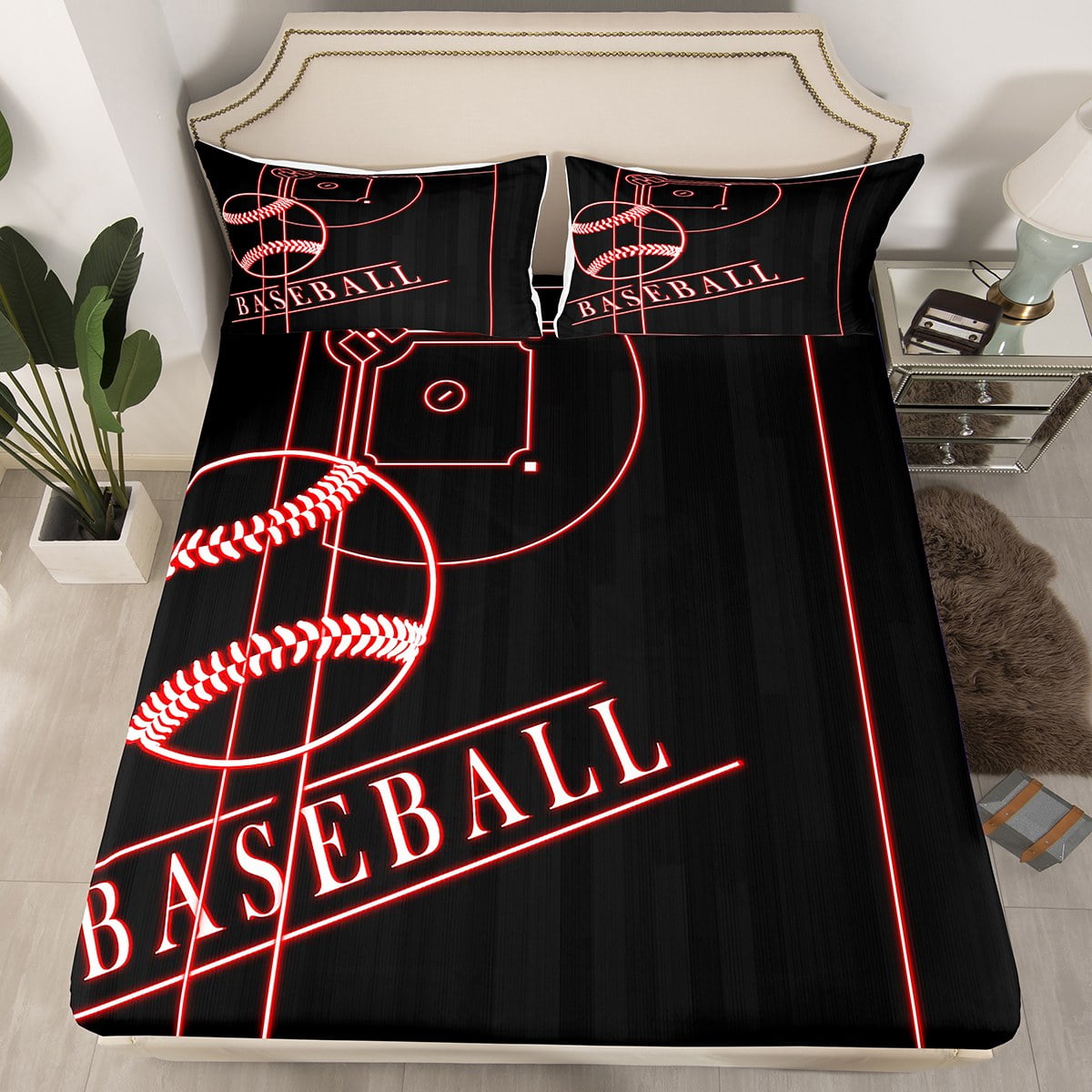 Erosebridal Sports Queen Sheets Basketball Bed Sheets, Neon Glowing Red Fitted Sheet Sport Theme ...
