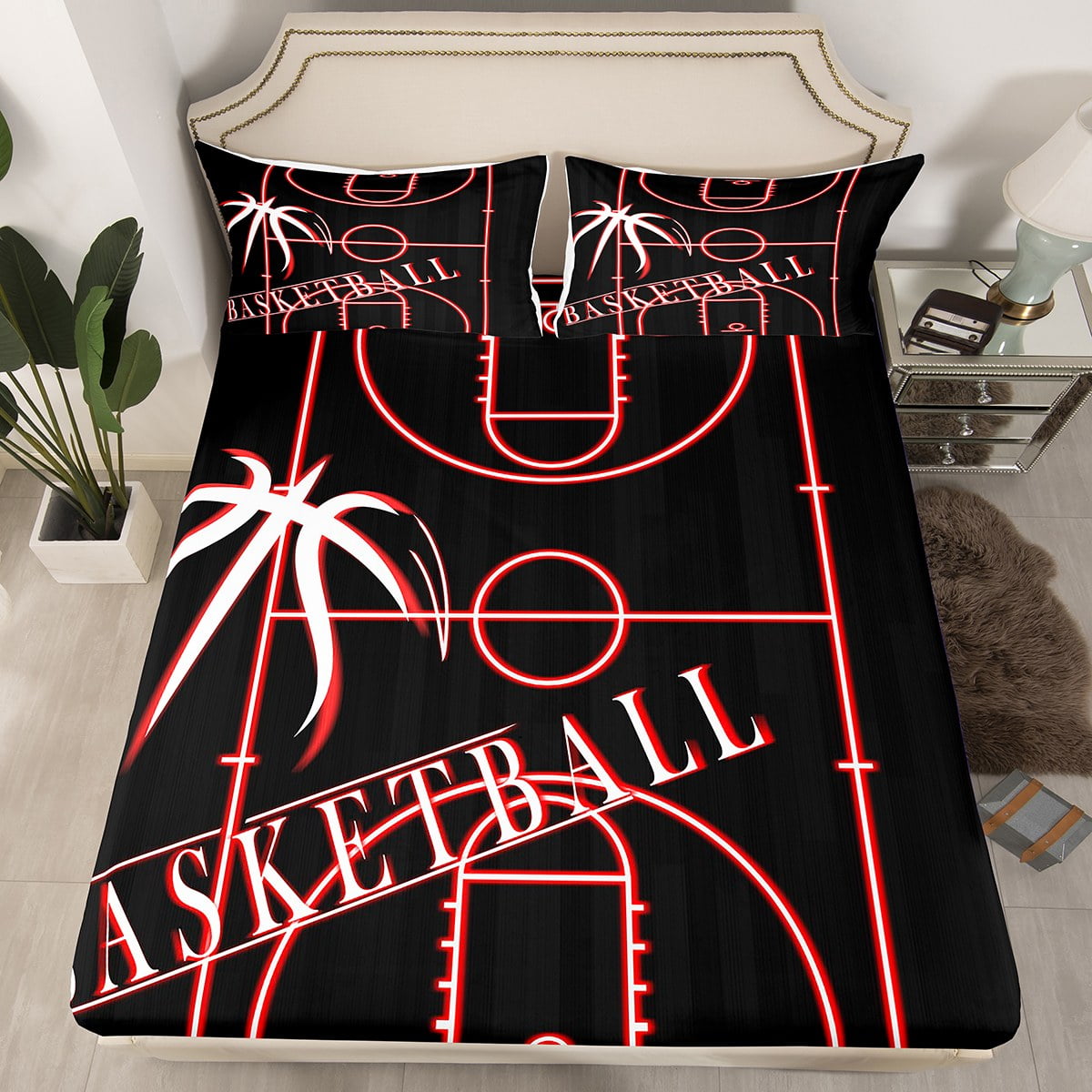 YST Sports Queen Sheets Basketball Bed Sheets for Girls Boys, Neon Glowing Red Fitted Sheet ...
