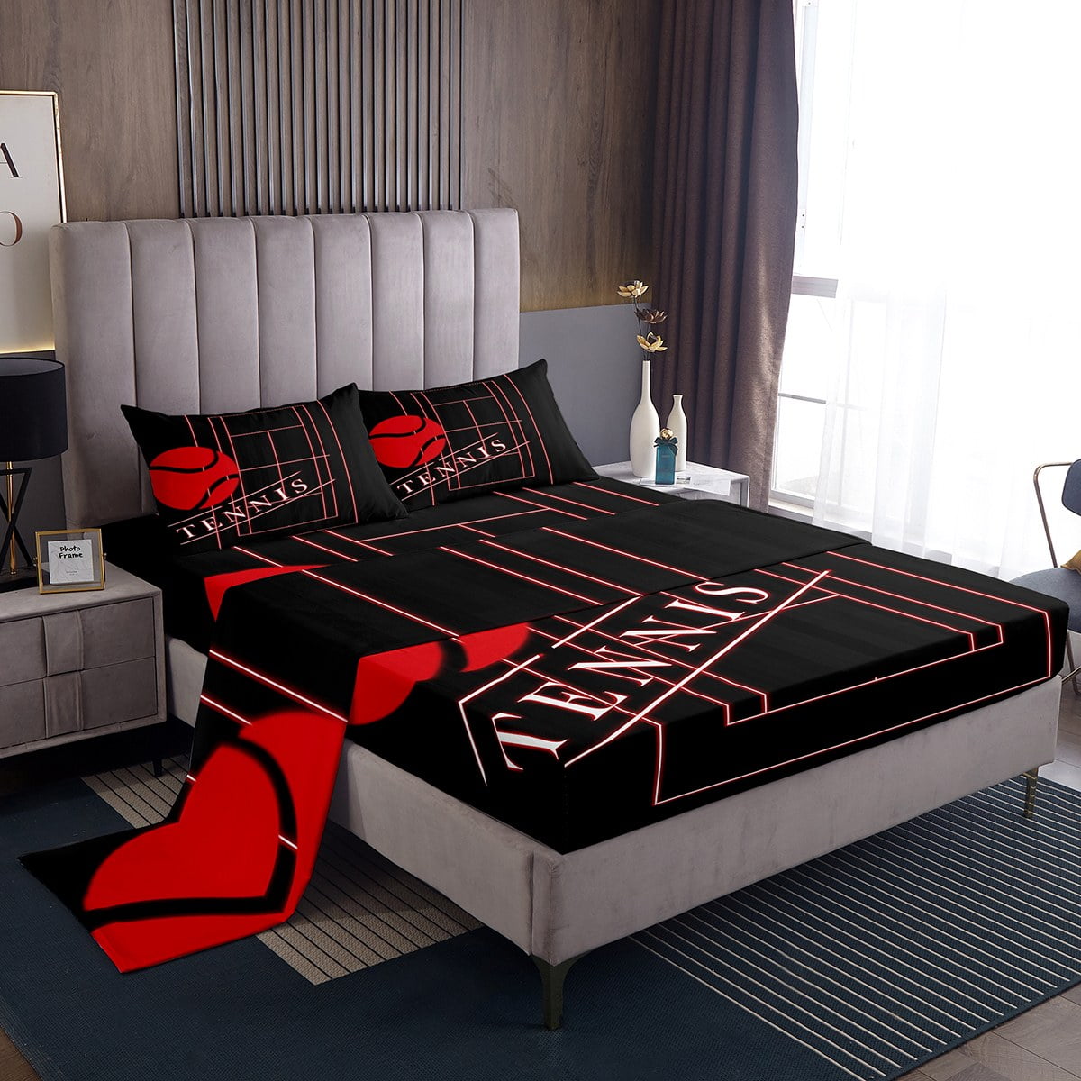 Erosebridal Sports Twin Sheet Set Tennis Sheets, Neon Glowing Red Bed Set Sport Theme Bed Sheets ...