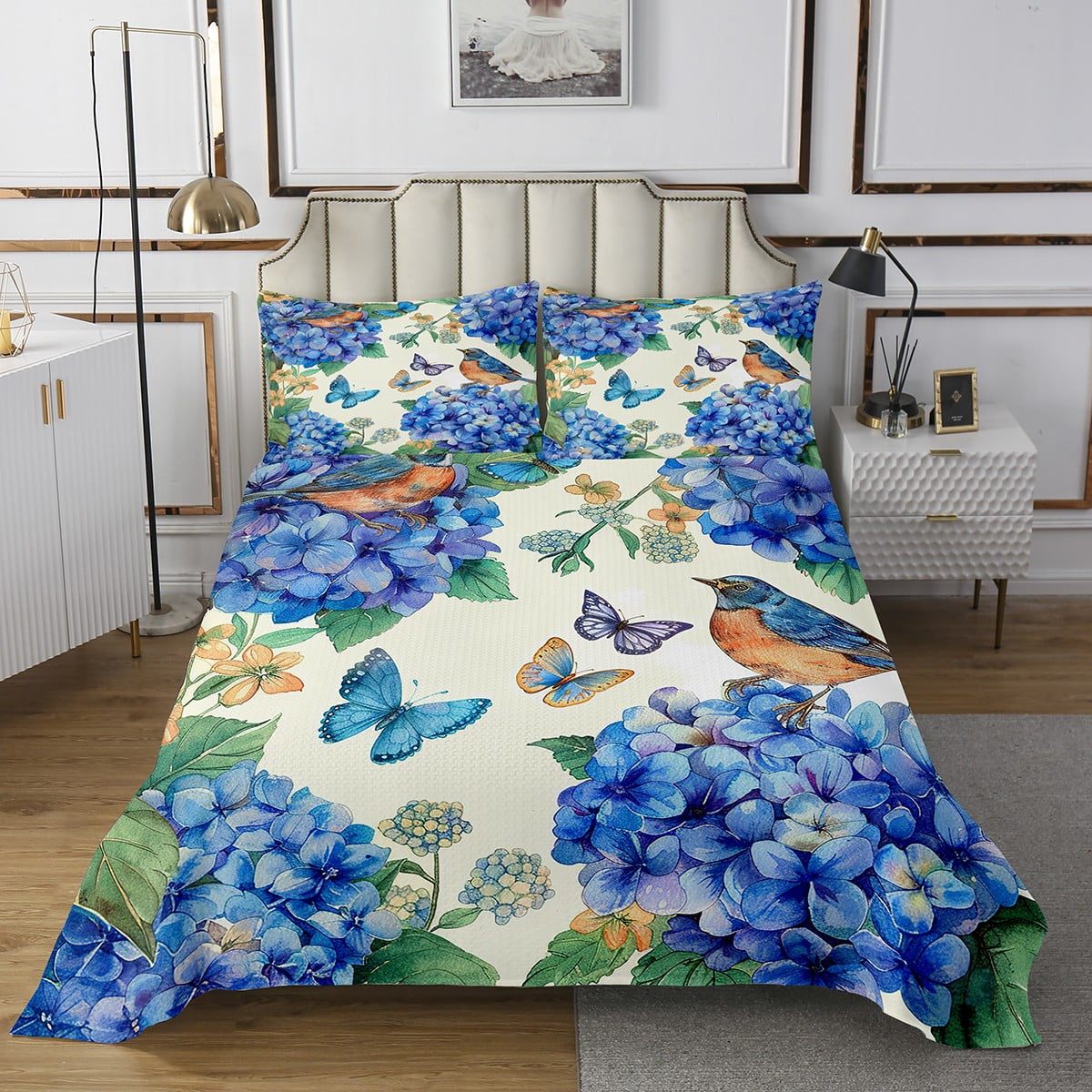 YST Spring Flower Quilt Set Blue Butterfly Bedspread Set, Wild Humming ...