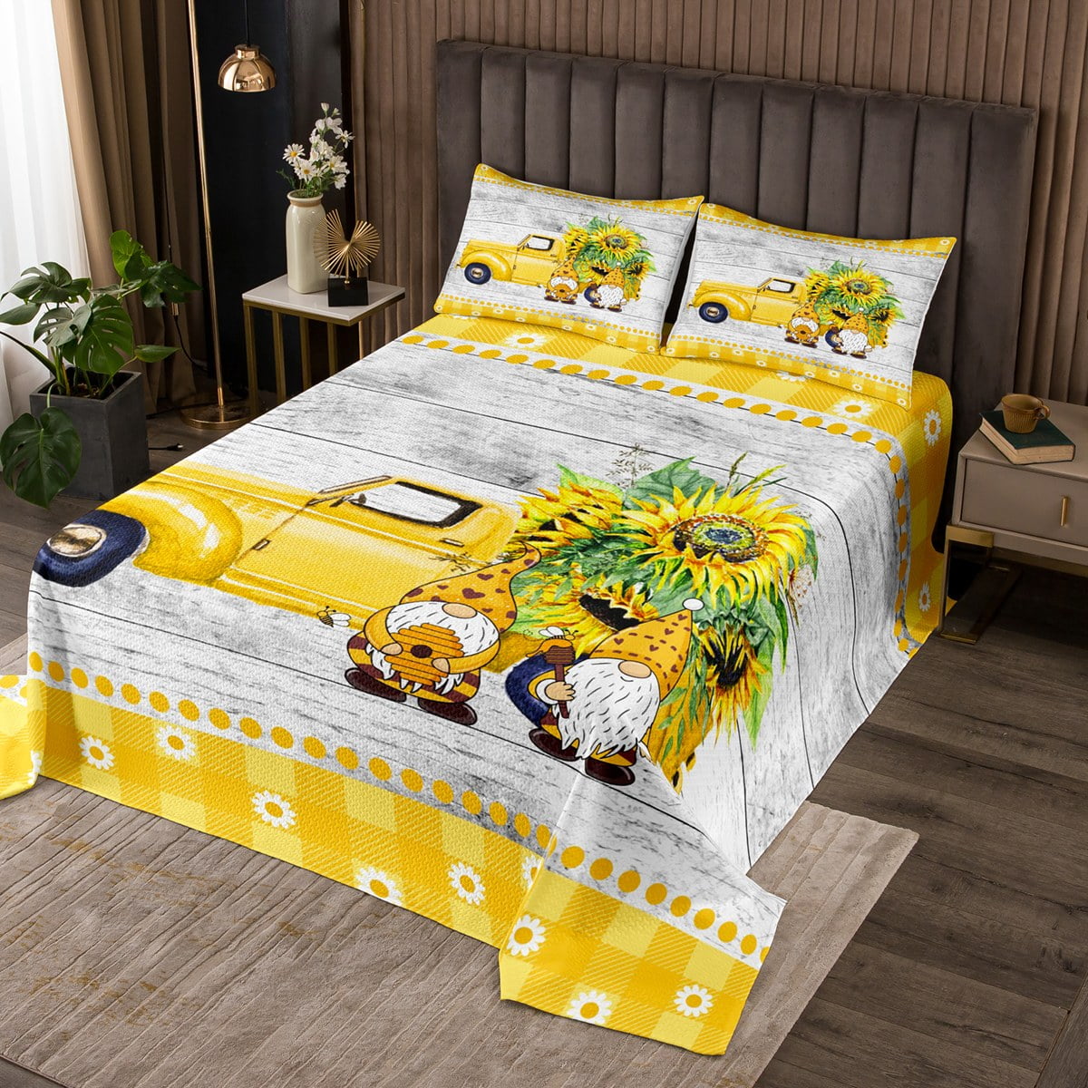 Erosebridal Spring Gnome Queen Quilt Set,Yellow Sunflowers Bedspread ...