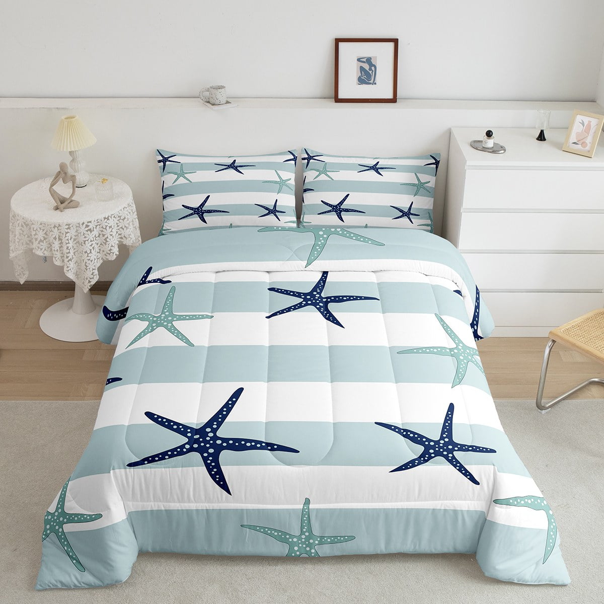 Starfish Bedding Comforter Sets, Blue Sea Shell Bedding Coastal Conch ...