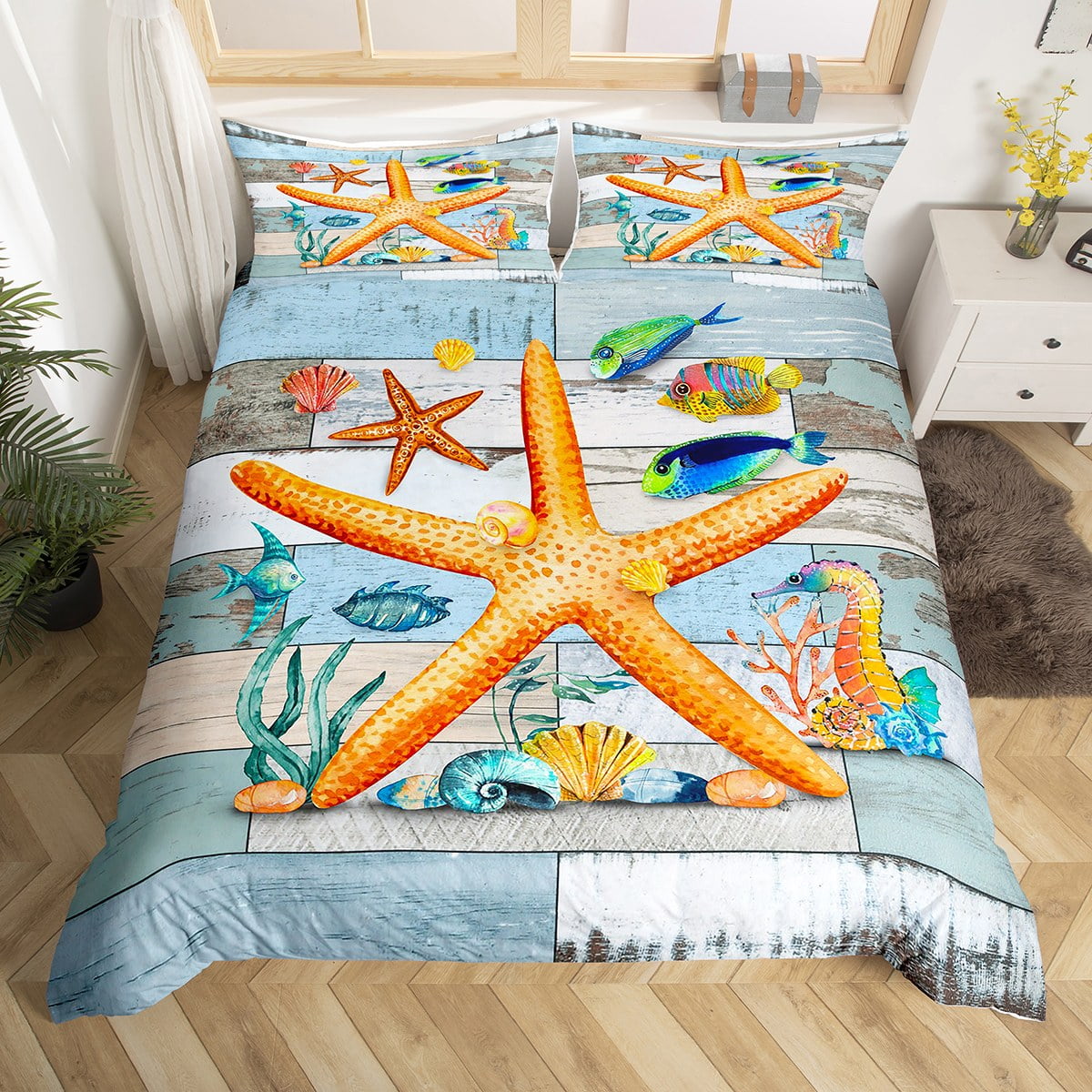Erosebridal Starfish Duvet Cover King Ocean Theme Bedding Set Underwater World Shell Conch ...