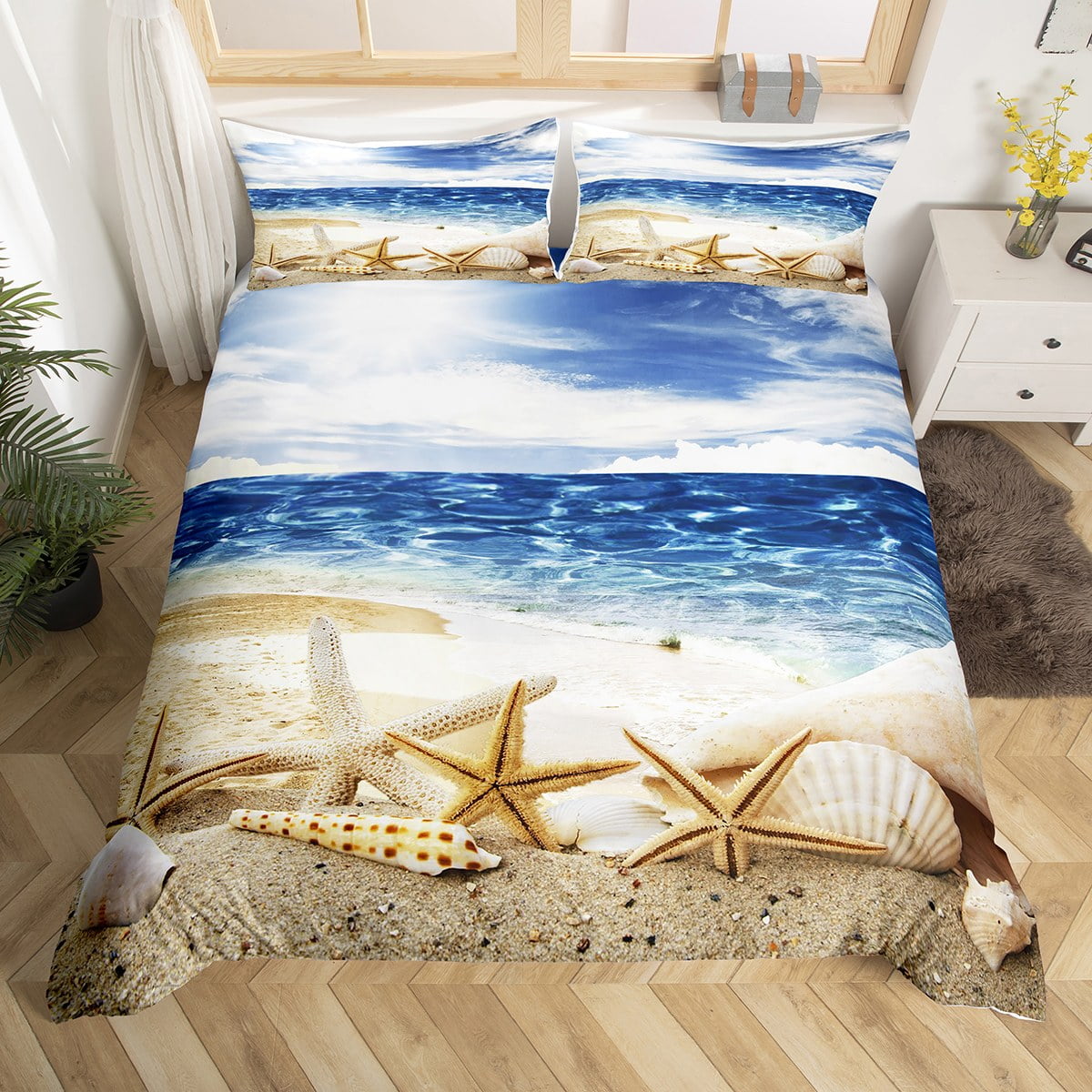 YST Starfish Duvet Cover Queen Sea Shell Bedding Set Ocean Sky Sunshine Beach Comforter Cover ...