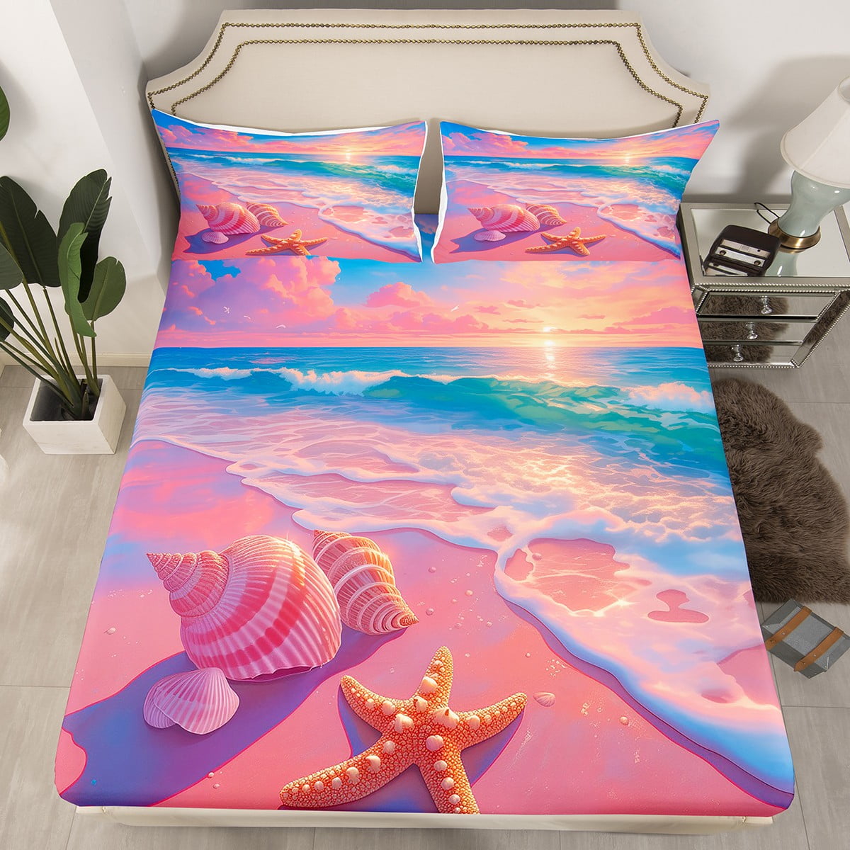 YST Starfish Shell Fitted Sheet Summer Ocean Beach Landscape Bed Sheets ...