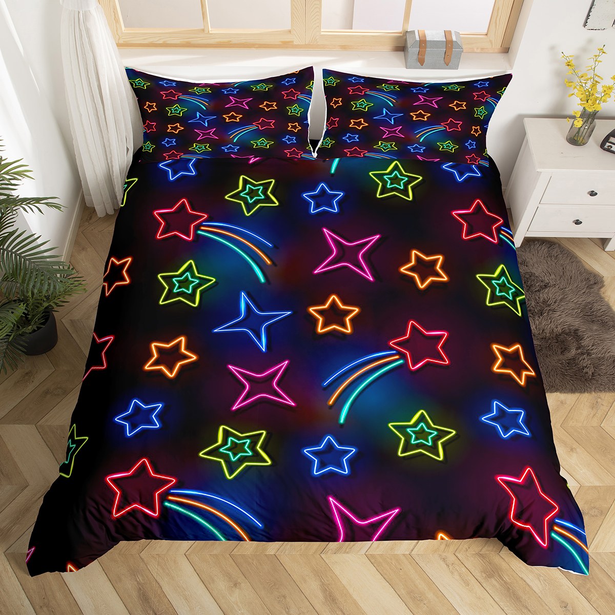 YST Stars Bedding Set King, Rainbow Glowing Star Duvet Cover for Kids ...