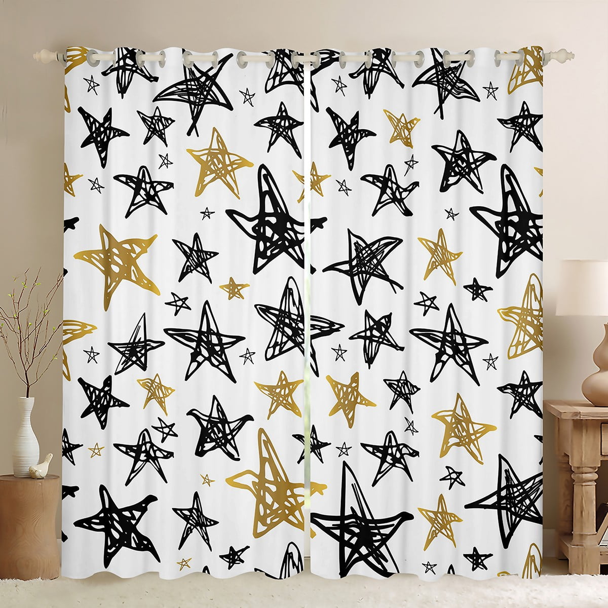 YST Stars Kids Curtains,Hand Drawn Graffiti Style Black Out Curtains ...