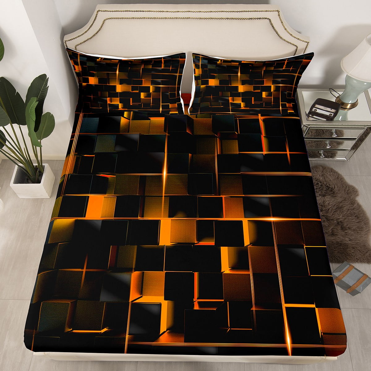 YST Stereoscopic Neon Geometry Bed Sheet Full,Orange Black Neon Lights ...