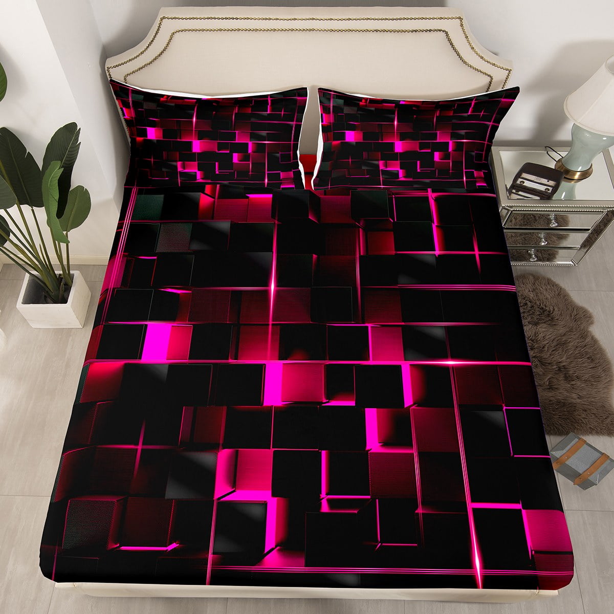 Erosebridal Stereoscopic Neon Geometry Bedding Set, Pink Black Neon ...