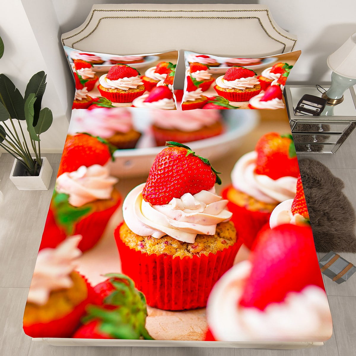 YST Strawberry Cake Fitted Sheet Full,Fruit Cakes Kawaii Bedding Set ...