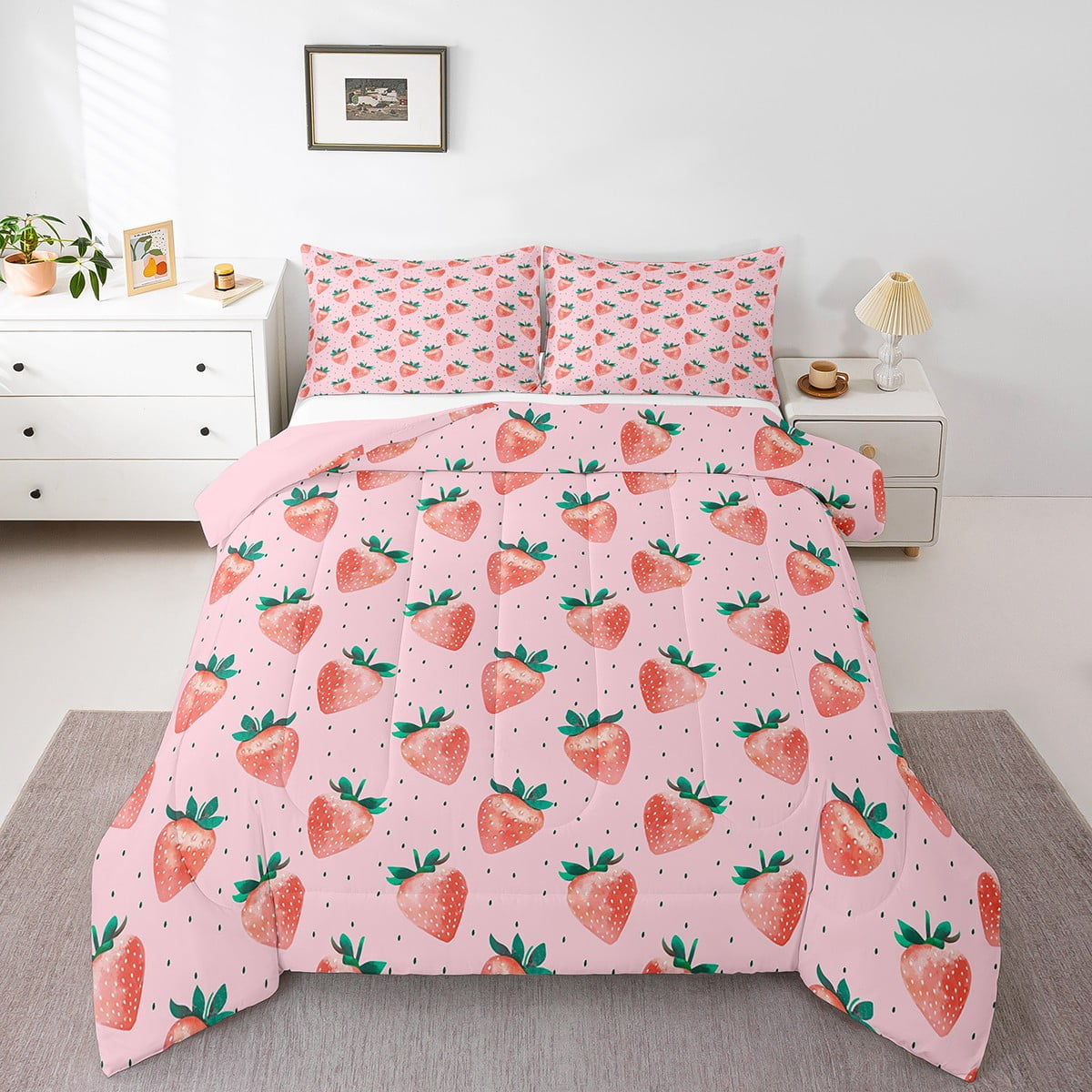 Strawberry Comforter Set Twin,Cute Strawberries Bedding Set,Watercolor ...