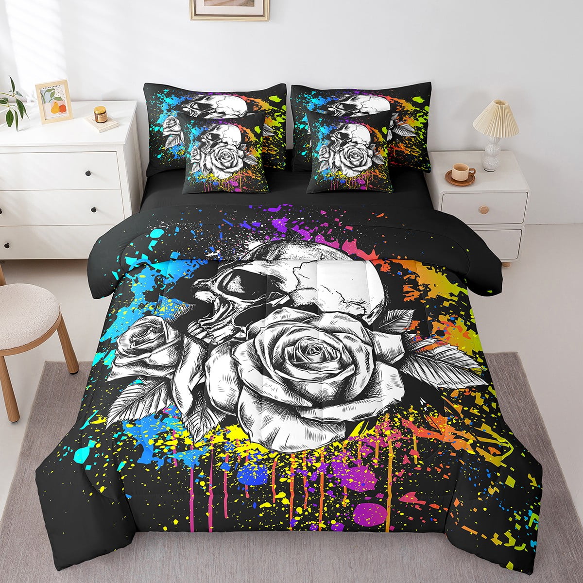 Sugar Skull Bed In A Bag Queen Gothic Floral Skull Sketch Comforter Set ...