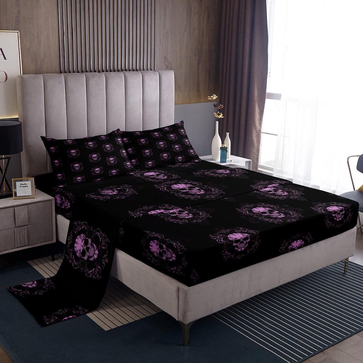 YST Sugar Skull Bed Sheets Set Queen, Purple Black Damask Sheet Set ...