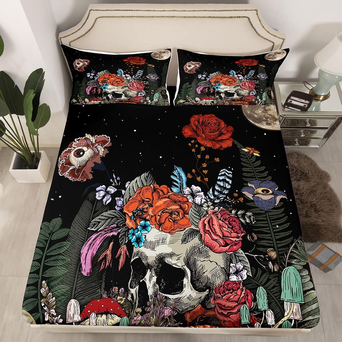 Erosebridal Sugar Skull Bedding Set,Botanical Flower Mushroom Fitted ...