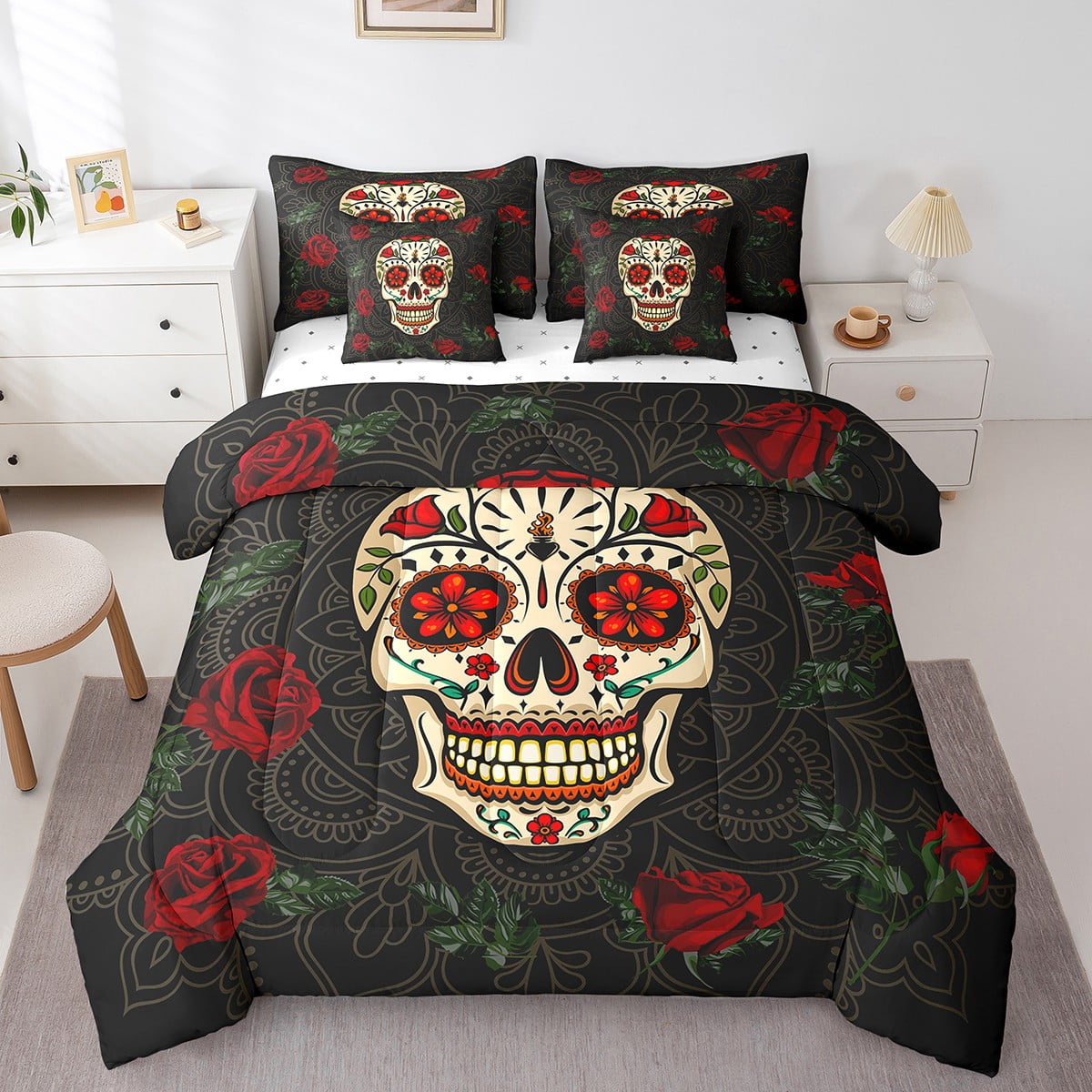 Sugar Skull Bedding Set Queen Size Gothic Skull 7 Pcs Comforter Set ...