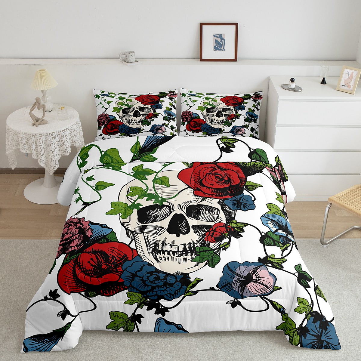 YST Sugar Skull Comforter Set Twin Size,Red Rose Bedding Set,Gothic ...