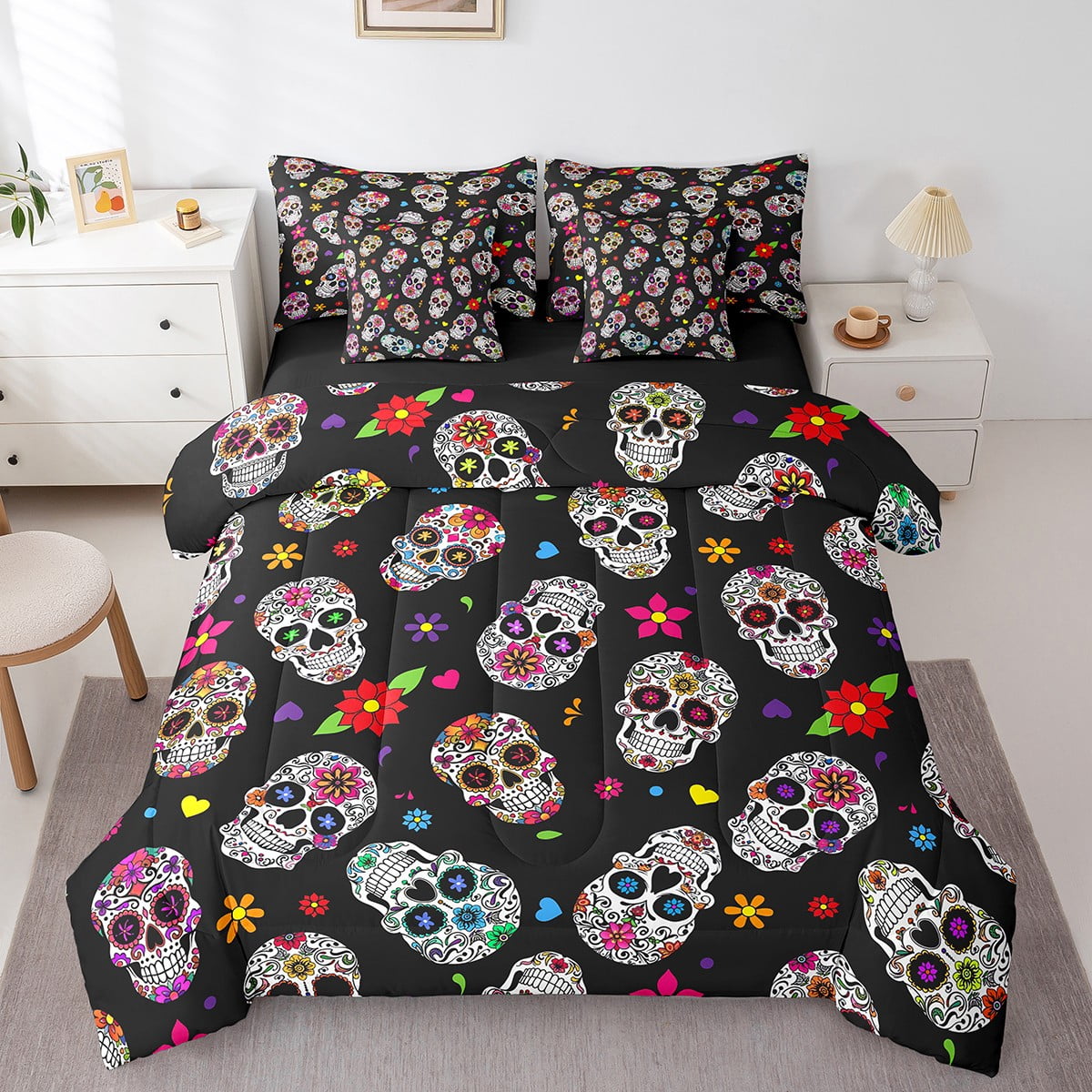 YST Sugar Skull Full Bedding Set 7 Piece Gothic Skulls Bed In A Bag ...