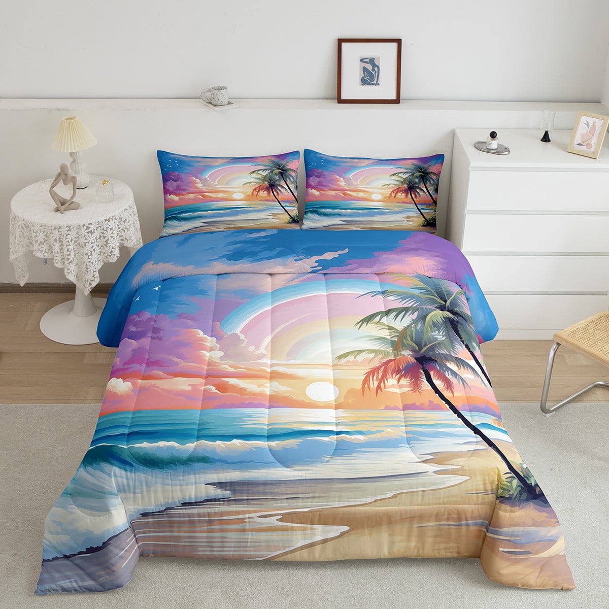 YST Summer Beach Comforter Set for Teens Adult,Pink Cloud Glitter Sun ...